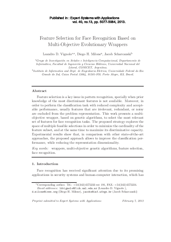 (PDF) Feature selection for face recognition based on multi-objective evolutionary wrappers