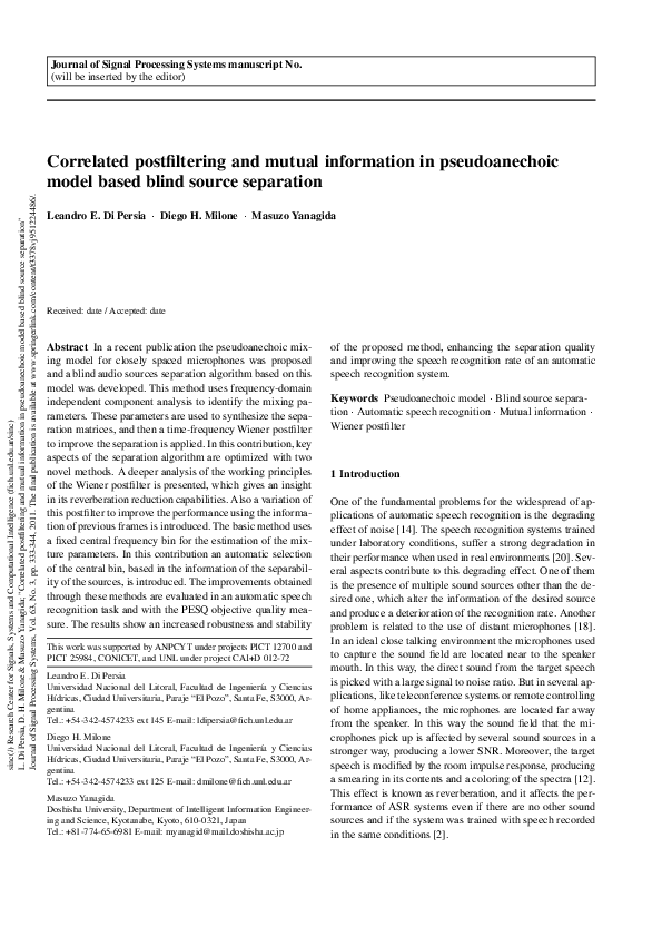Pdf Correlated Postfiltering And Mutual Information In Pseudoanechoic Model Based Blind Source