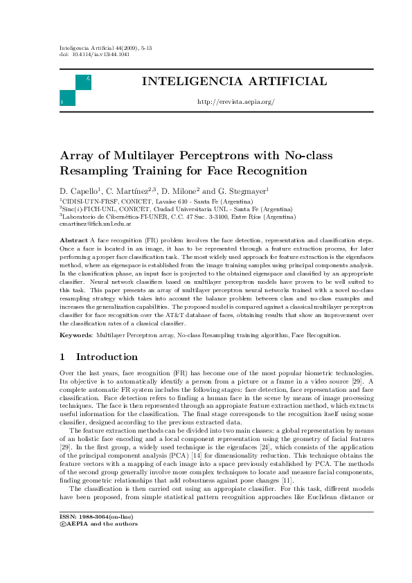Pdf Array Of Multilayer Perceptrons With No Class Resampling Training For Face Recognition