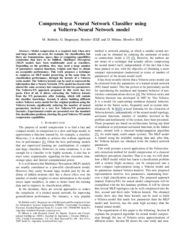 (PDF) Compressing a neural network classifier using a Volterra-Neural Network model | Diego ...