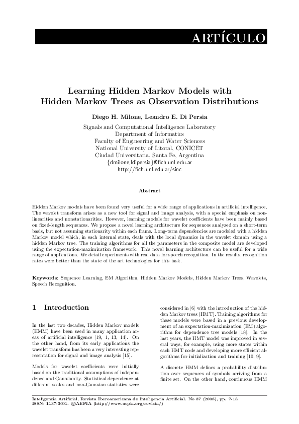 Pdf Learning Hidden Markov Models With Hidden Markov Trees As Observation Distributions