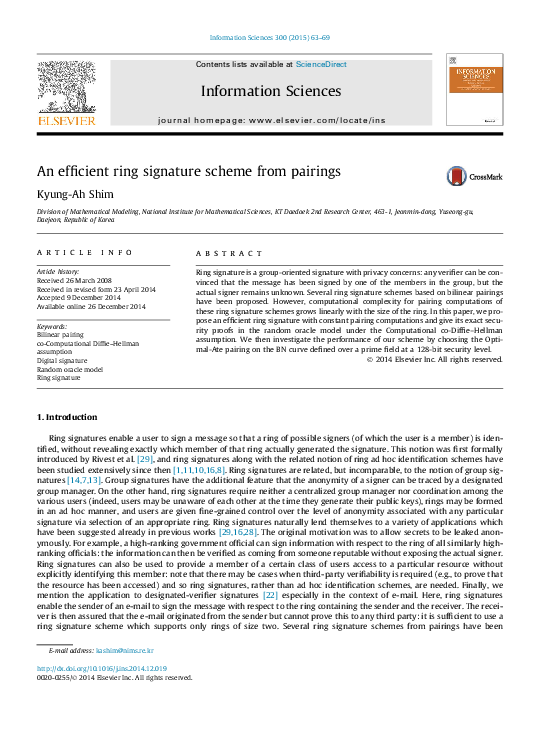 (PDF) An efficient ring signature scheme from pairings