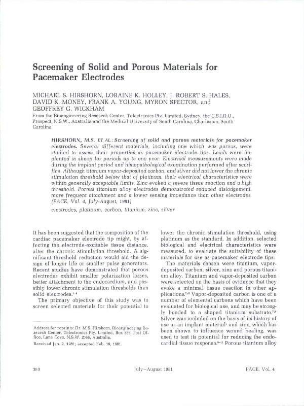 (PDF) Screening of Solid and Porous Materials for Pacemaker Electrodes