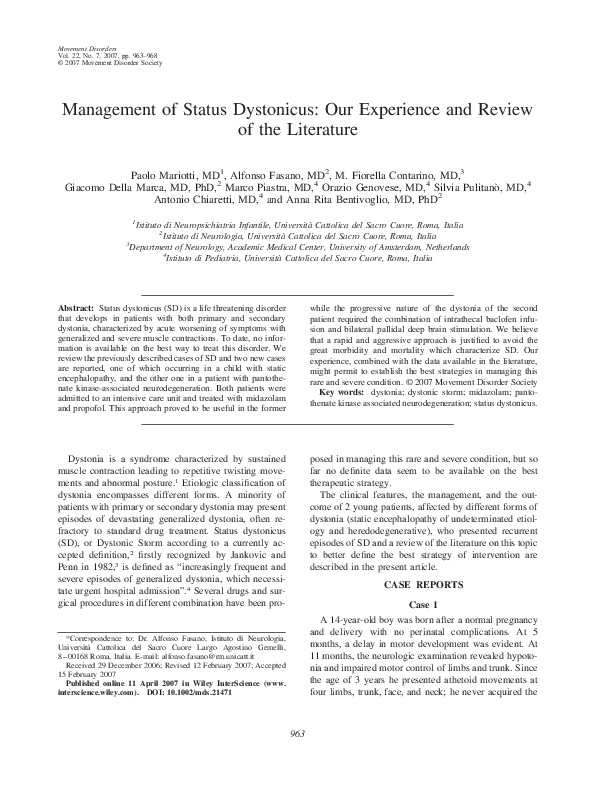 (PDF) Management of status dystonicus: Our experience and review of the literature