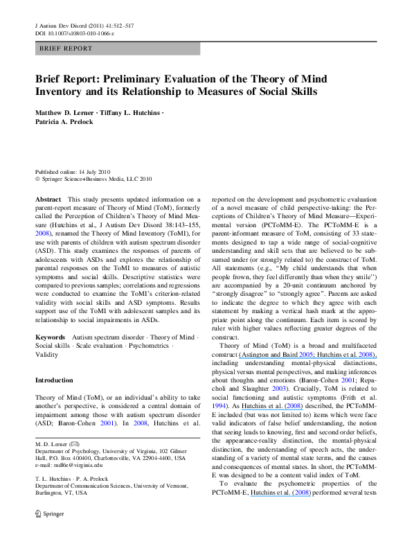 (PDF) Brief Report: Preliminary Evaluation of the Theory of Mind ...