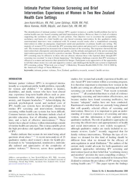 Pdf Intimate Partner Violence Screening And Brief Intervention