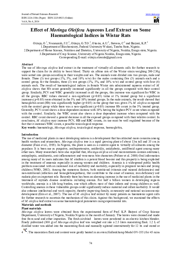 (PDF) Effect of Moringa oleifera aqueous leaf extract on some haematological indices in Wistar rats