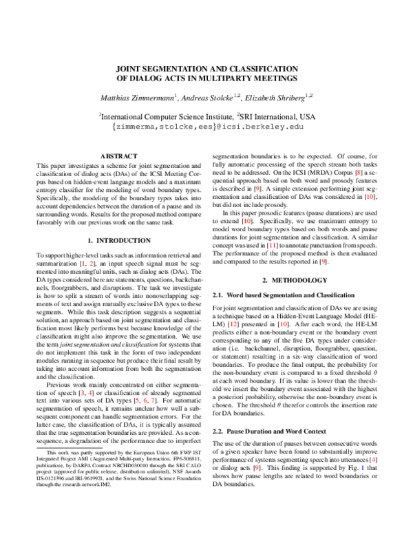 Pdf Toward Joint Segmentation And Classification Of Dialog Acts In Multiparty Meetings