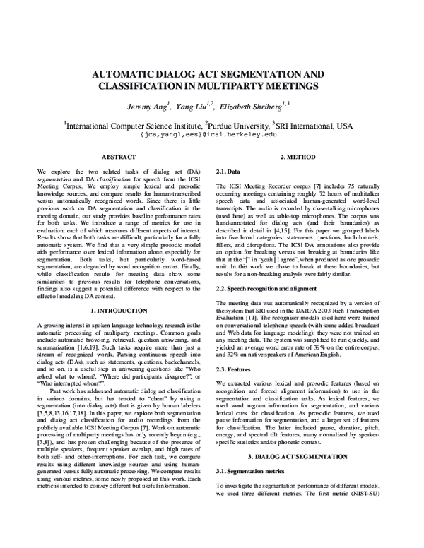 Pdf Automatic Dialog Act Segmentation And Classification In Multiparty Meetings