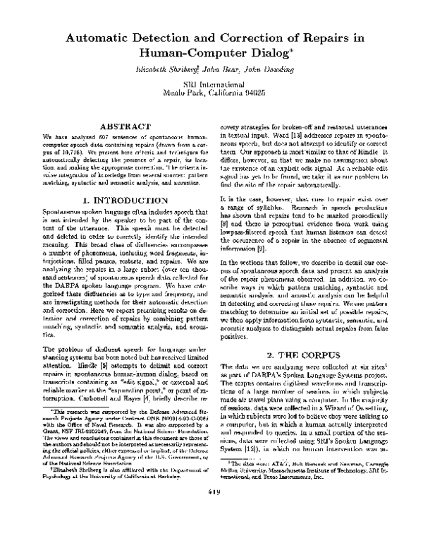 Pdf Automatic Detection And Correction Of Repairs In Human Computer Dialog