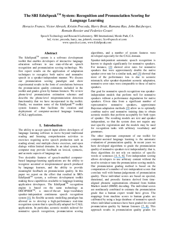 (PDF) EduSpeak(R): A speech recognition and pronunciation scoring toolkit for computer-aided ...