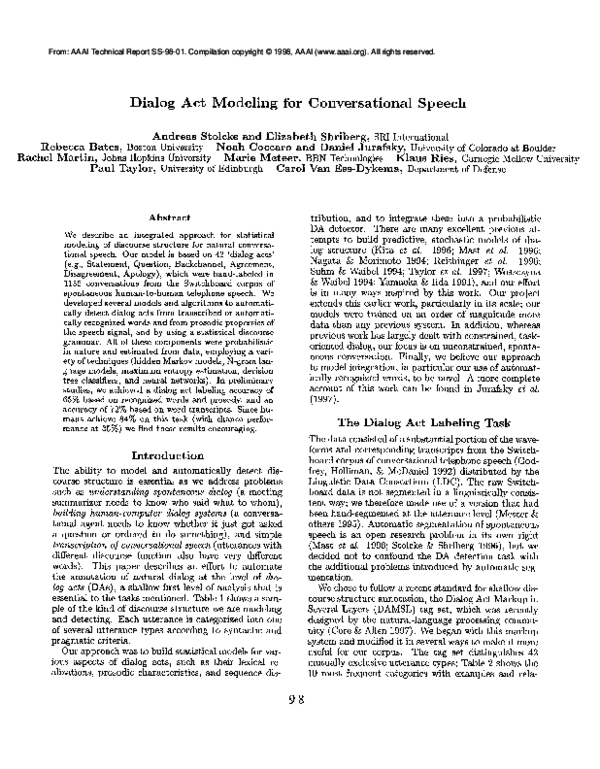 Pdf Dialog Act Modeling For Conversational Speech