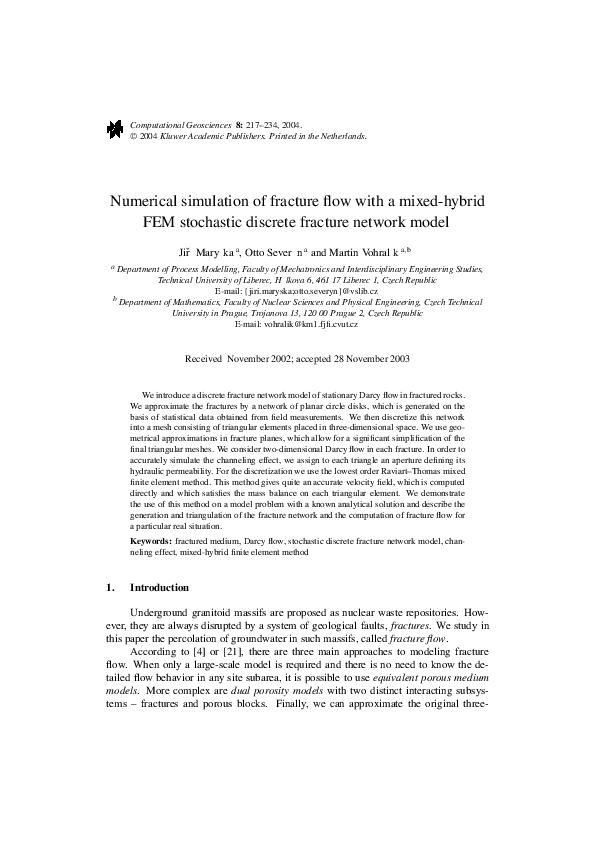 (PDF) Numerical simulation of fracture flow with a mixed-hybrid FEM stochastic discrete fracture ...
