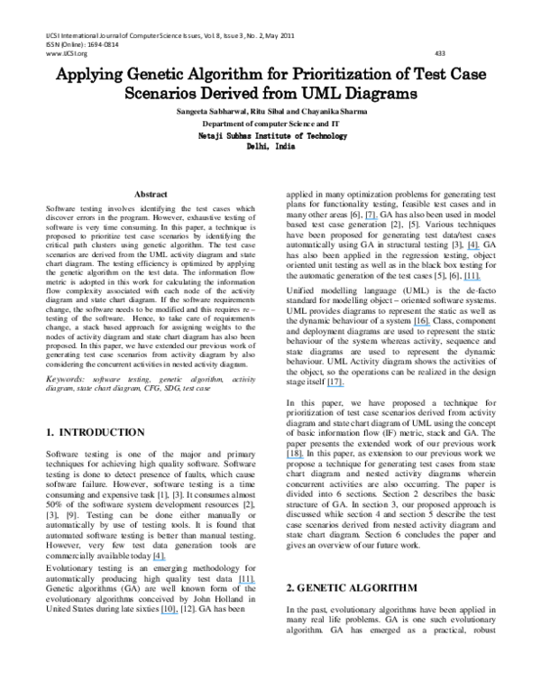 Pdf Applying Genetic Algorithm For Prioritization Of Test Case Scenarios Derived From Uml