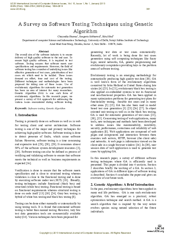 Pdf A Survey On Software Testing Techniques Using Genetic Algorithm