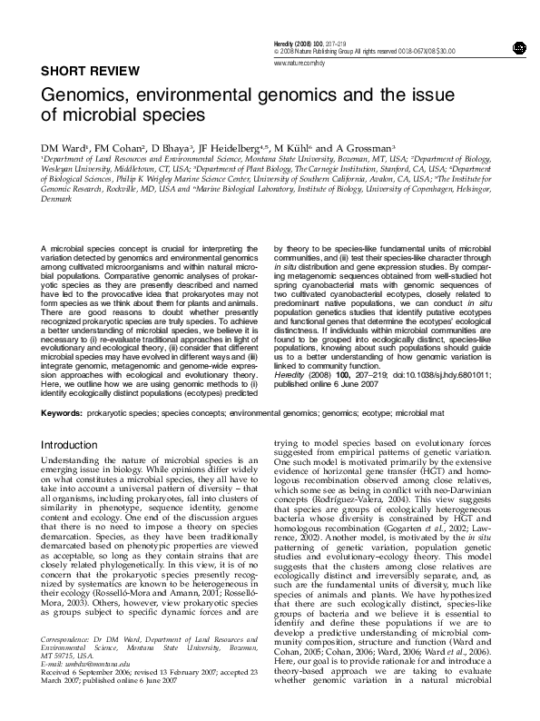 (PDF) Genomics, Environmental Genomics and the Issue of Microbial Species