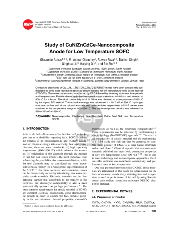 (PDF) Study of CuNiZnGdCe-Nanocomposite Anode for Low Temperature SOFC
