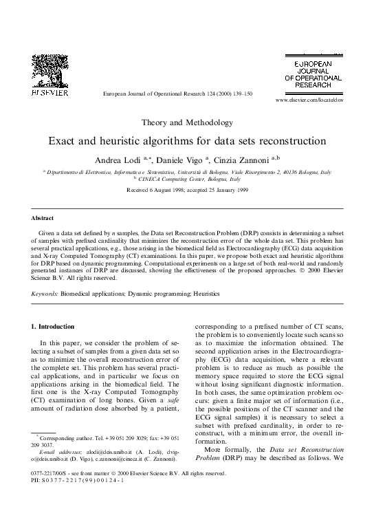 (PDF) Exact and heuristic algorithms for data sets reconstruction