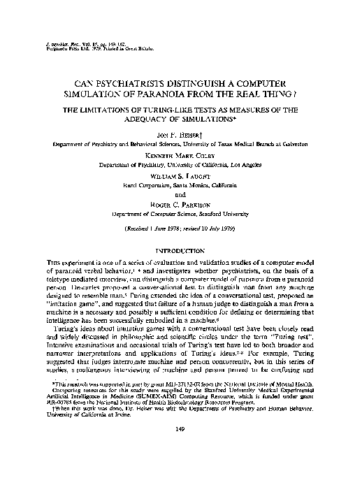 (PDF) Can psychiatrists distinguish a computer simulation of paranoia ...