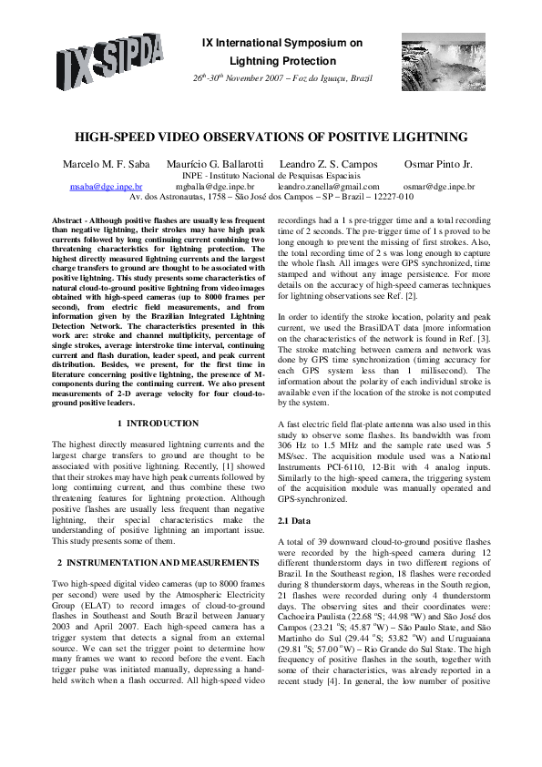(PDF) High-speed video observations of positive lightning flashes to ground