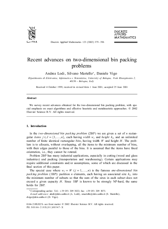 (PDF) Recent advances on two-dimensional bin packing problems
