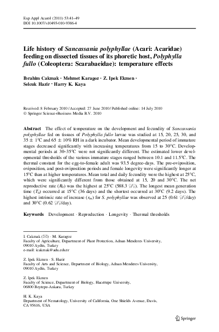 (PDF) Life history of Sancassania polyphyllae (Acari: Acaridae) feeding ...