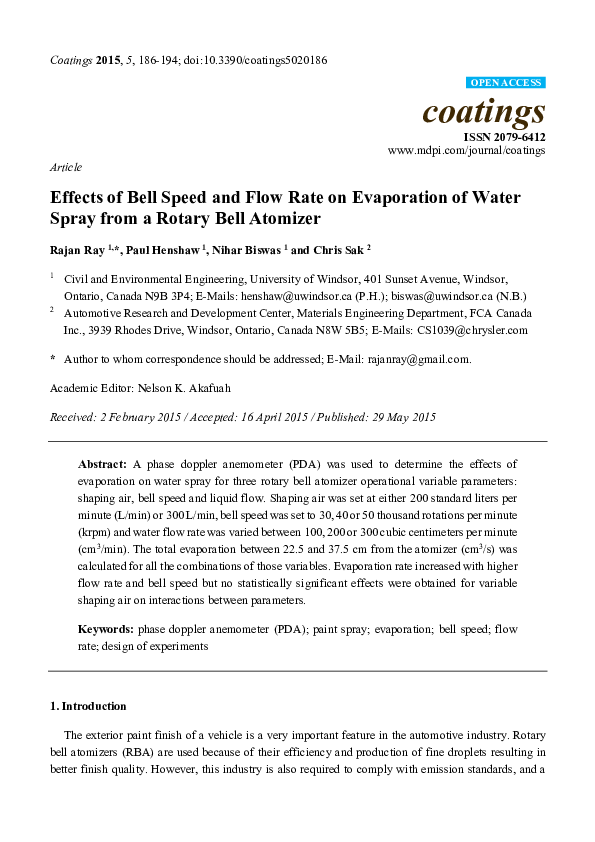 (PDF) Effects of Bell Speed and Flow Rate on Evaporation of Water Spray ...