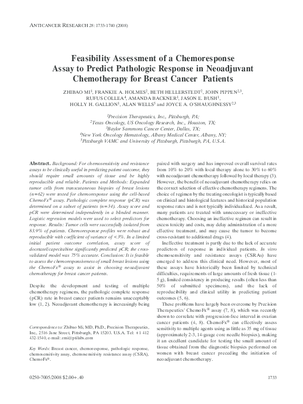 (PDF) Feasibility assessment of a chemoresponse assay to predict pathologic response in ...