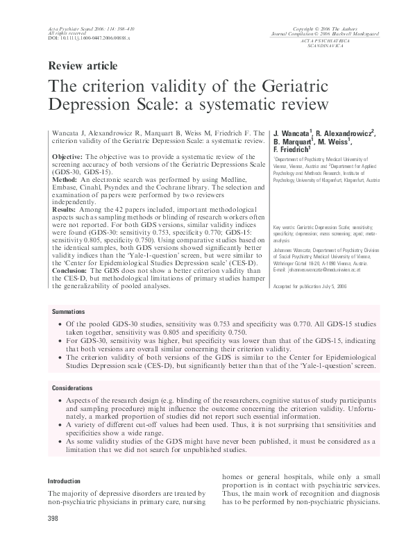 (PDF) The criterion validity of the Geriatric Depression Scale: a ...