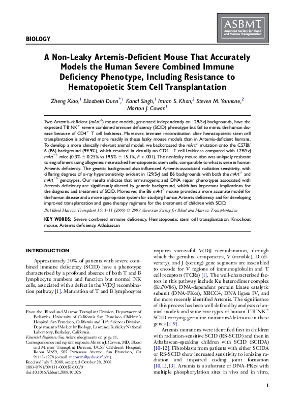 (PDF) A Non-Leaky Artemis-Deficient Mouse That Accurately Models the ...