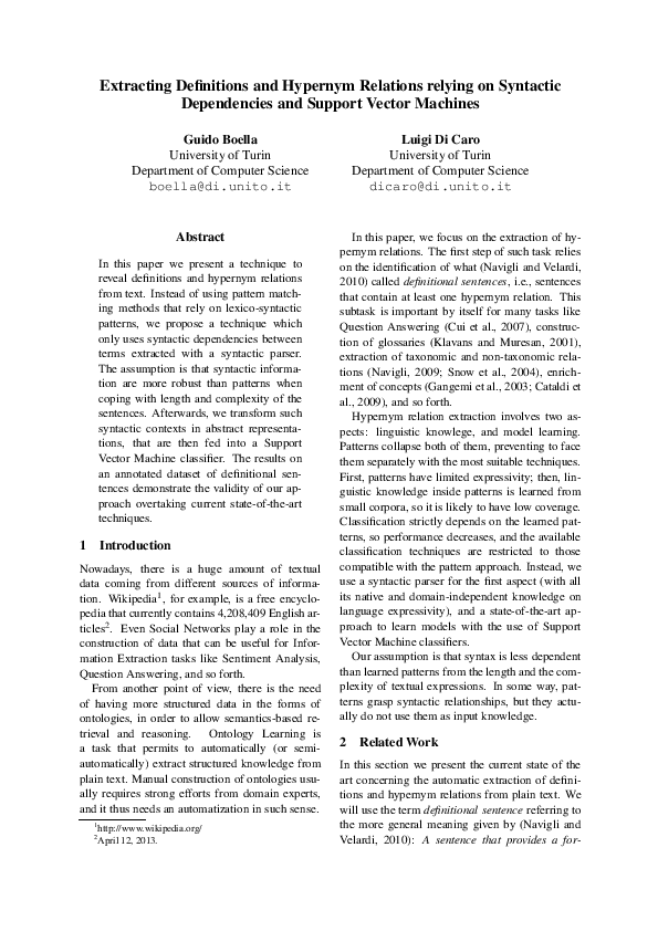 Pdf Extracting Definitions And Hypernym Relations Relying On Syntactic Dependencies And