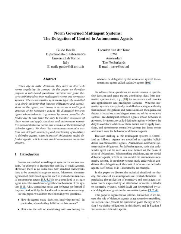 (PDF) Norm governed multiagent systems: The delegation of control to autonomous agents