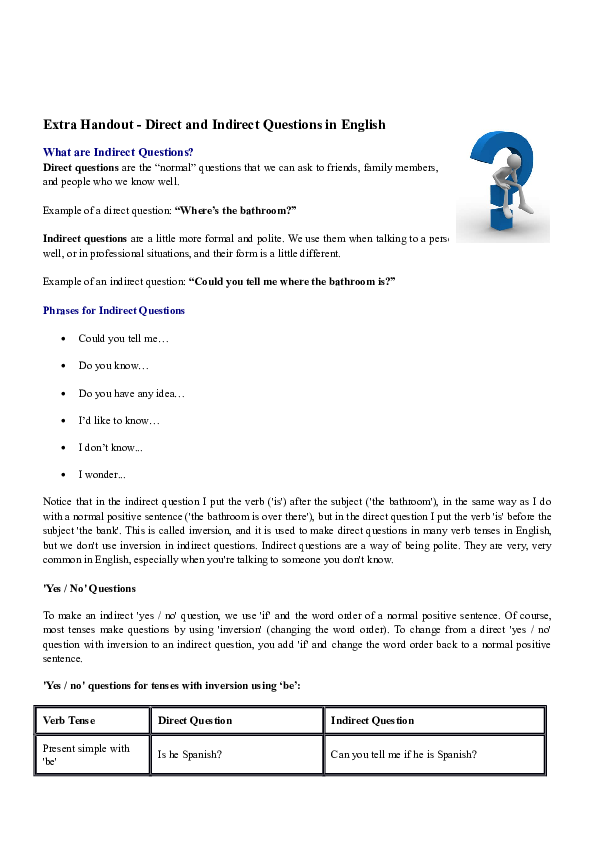 (DOC) Extra Handout -Direct and Indirect Questions in English