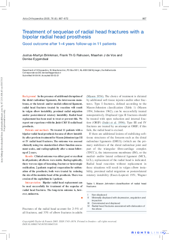 (PDF) Treatment of sequelae of radial head fractures with a bipolar ...