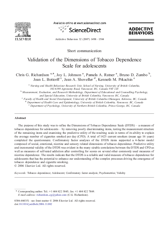 (PDF) Validation of the Dimensions of Tobacco Dependence Scale for ...