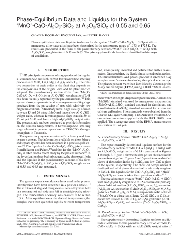 (PDF) Phase-equilibrium data and liquidus for the system “MnO”-CaO-Al2O3-SiO2 at Al2O3/SiO2 of 0 ...