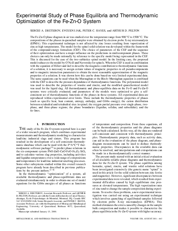 (PDF) Experimental study of phase equilibria and thermodynamic optimization of the Fe-Zn-O system