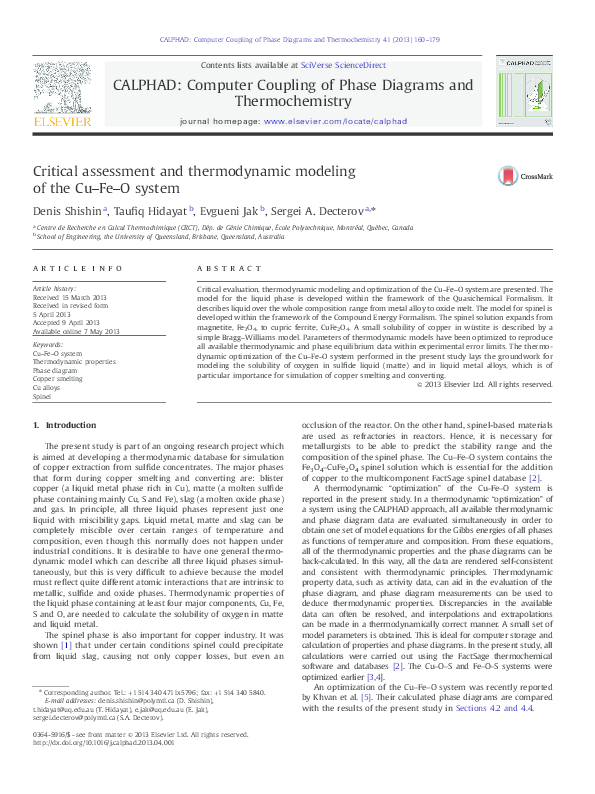 (PDF) Critical assessment and thermodynamic modeling of the Cu–Fe–O system
