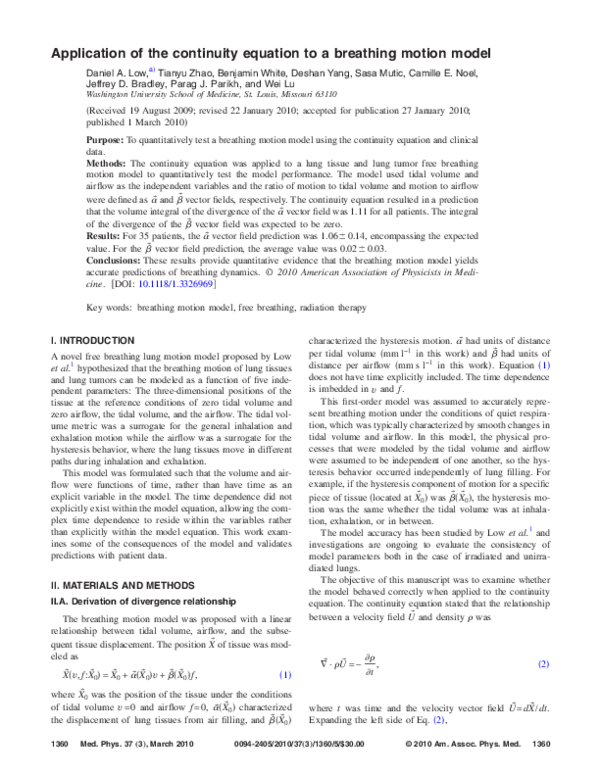 (PDF) Application of the continuity equation to a breathing motion model