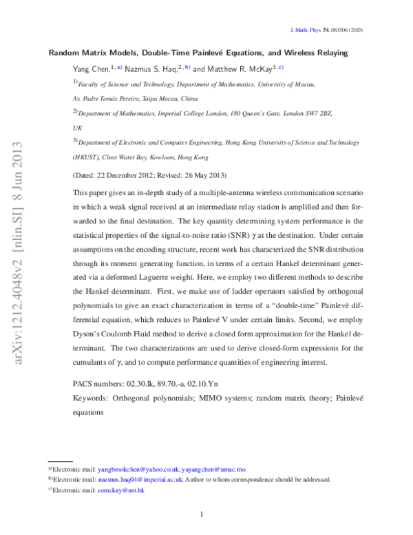 (PDF) Random Matrix Models, Double-Time Painlev\'e Equations, and ...