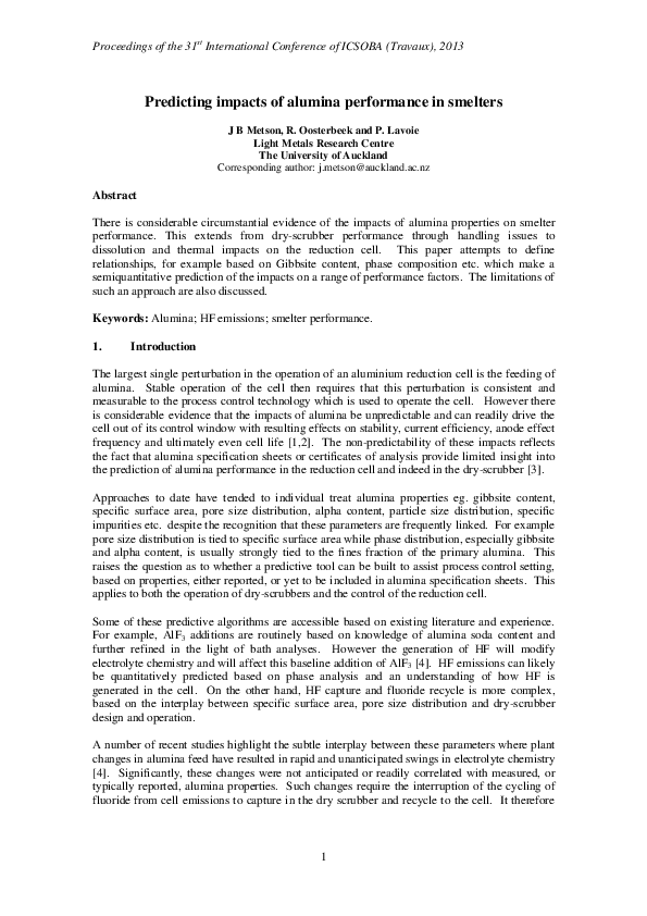 (PDF) Predicting impacts of alumina performance in smelters