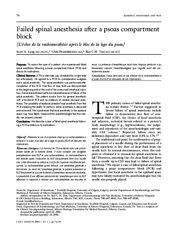 (PDF) Failed spinal anesthesia after a psoas compartment block