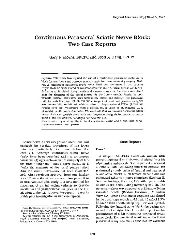 (PDF) Continuous parasacral sciatic nerve block: Two case reports