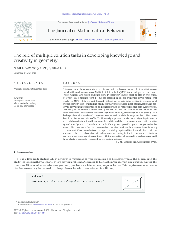 (PDF) The role of multiple solution tasks in developing knowledge and ...