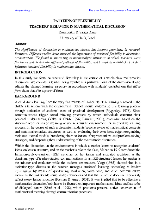(PDF) Teacher flexibility in mathematical discussion