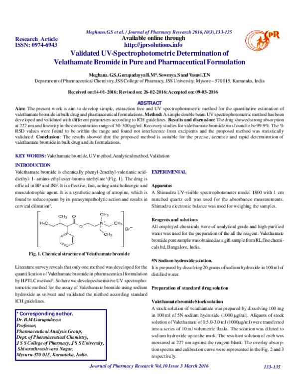 Pdf Validated Uv Spectrophotometric Determination Of Velathamate