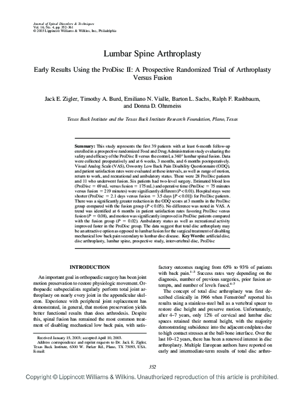 (PDF) Lumbar Spine Arthroplasty | Timothy Burd and Emiliano Vialle ...