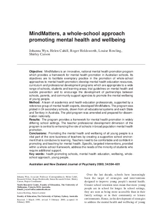 (PDF) MindMatters, a whole-school approach promoting mental health and ...