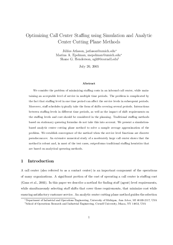 (PDF) Optimizing Call Center Staffing Using Simulation and Analytic Center Cutting-Plane Methods