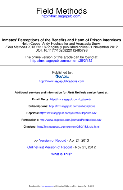 (PDF) Inmates' Perceptions of the Benefits and Harm of Prison Interviews